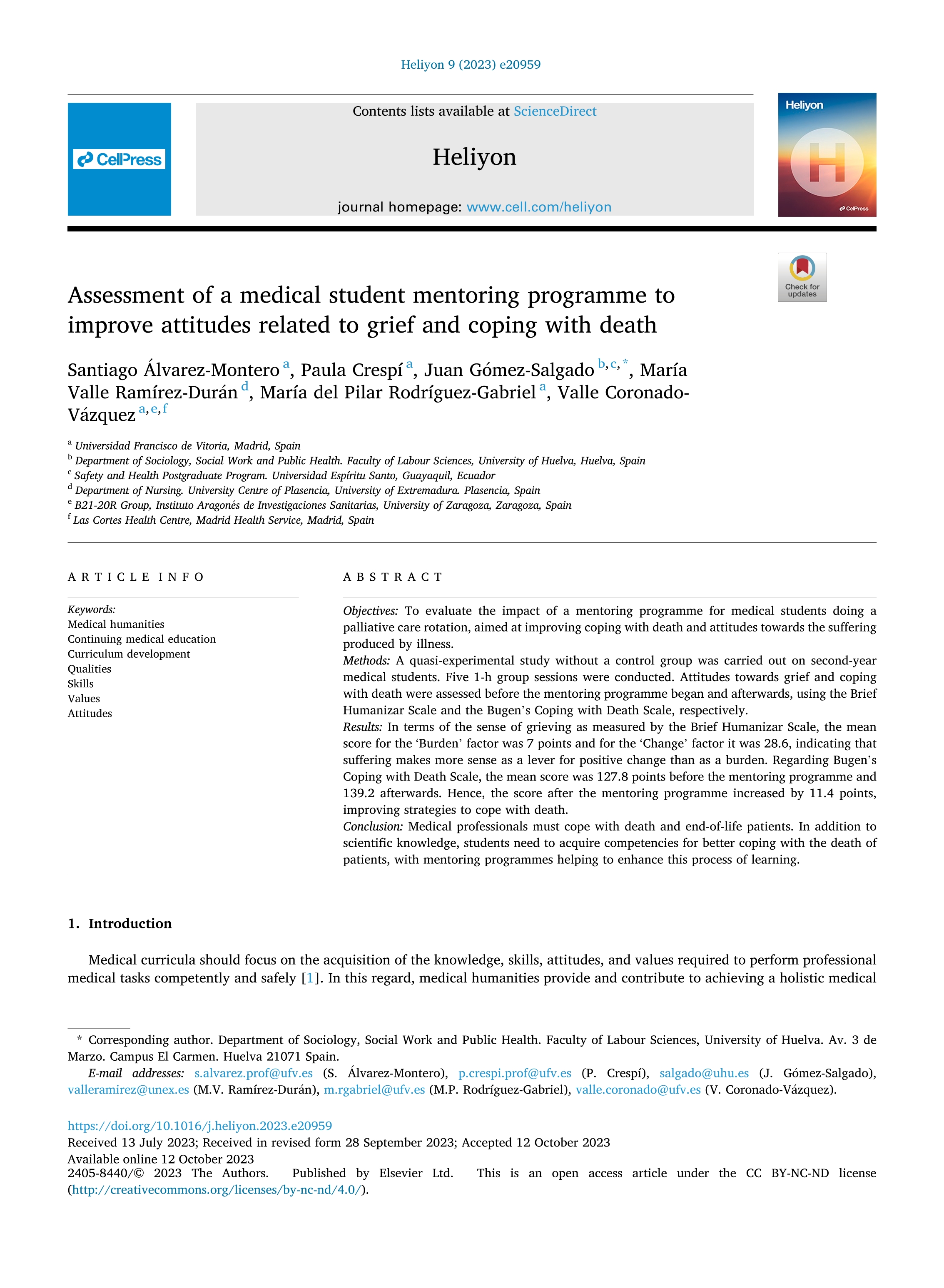 Assessment of a medical student mentoring programme to improve attitudes related to grief and ...